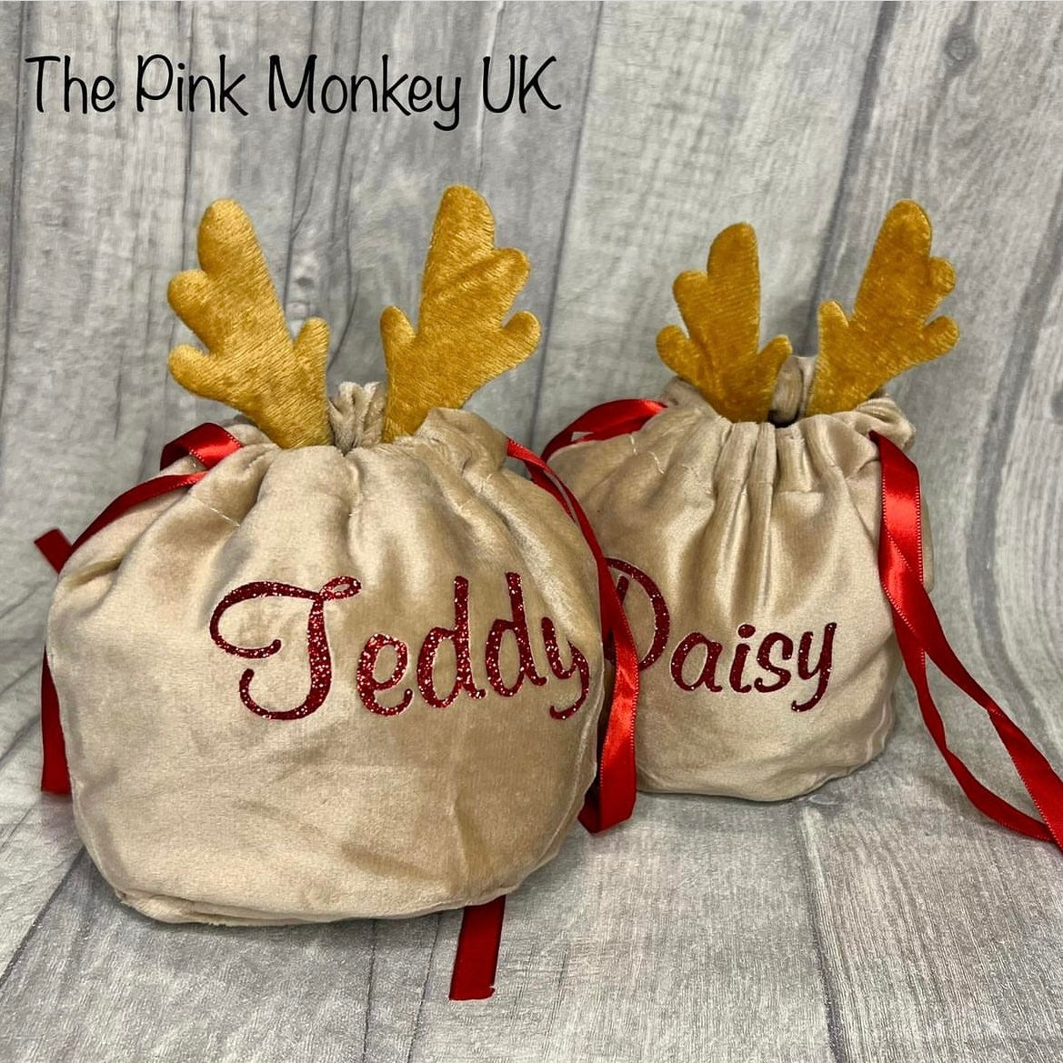 Personalised Antler Reindeer Velvet Bags – The Pink Monkey UK